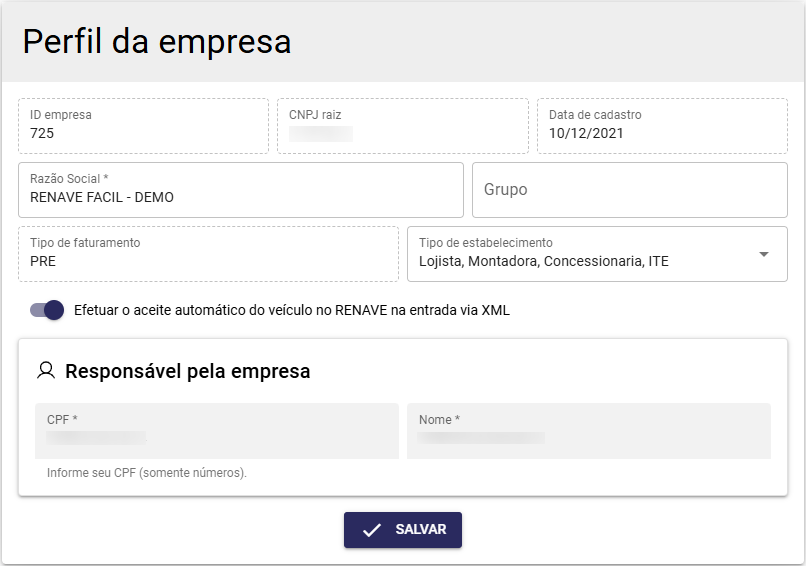 Perfil da empresa – Central de Ajuda do Renave Fácil